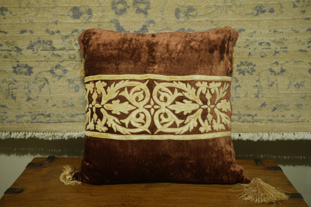 Brown/Gold Velvet Cushion — Indo Designer Rugs